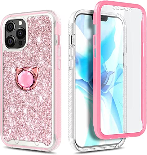 NZND Case for iPhone 11 with Built-in Screen Protector (6.1 inch, 2019) Ring Holder/Wrist Strap, Full-Body Protective Shockproof Rugged Bumper Cover, Impact Resist Durable Case (Glitter Rose Gold)