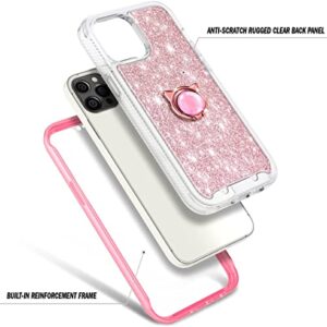 NZND Case for iPhone 11 with Built-in Screen Protector (6.1 inch, 2019) Ring Holder/Wrist Strap, Full-Body Protective Shockproof Rugged Bumper Cover, Impact Resist Durable Case (Glitter Rose Gold)