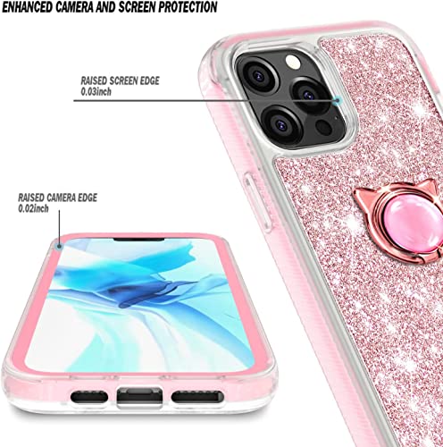 NZND Case for iPhone 11 with Built-in Screen Protector (6.1 inch, 2019) Ring Holder/Wrist Strap, Full-Body Protective Shockproof Rugged Bumper Cover, Impact Resist Durable Case (Glitter Rose Gold)