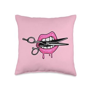 hair stylist hairdresser barber salon tool bags sassy lips biting scissors hairdresser/barber gift throw pillow, 16x16, multicolor