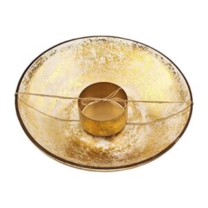 mud pie, gold, foiled glass chip & dip set, 2.75" x 12.5" dia, chip 2 3/4" x 12 1/2" dia | dip 2" x 3 1/2" dia