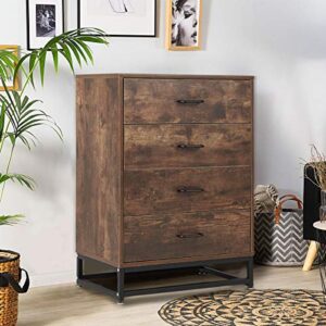 MELLCOM Chest of Drawers, Industrial Tall Dresser with 4 Drawers,Wood Storage Cabinet with Sturdy Metal Frame, Organizer Unit for Bedroom, Living Room, Hallway, Dark Brown