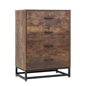 MELLCOM Chest of Drawers, Industrial Tall Dresser with 4 Drawers,Wood Storage Cabinet with Sturdy Metal Frame, Organizer Unit for Bedroom, Living Room, Hallway, Dark Brown