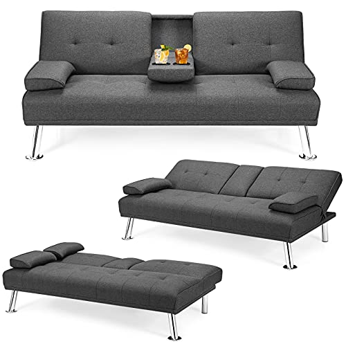 POWERSTONE Futon Sofa Bed Upholstered Modern Convertible Sofa Couch Sleeper with Removable Armrests Cup Holders Living Room Fabric Loveseat 66", Grey