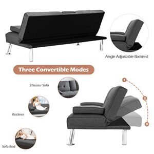 POWERSTONE Futon Sofa Bed Upholstered Modern Convertible Sofa Couch Sleeper with Removable Armrests Cup Holders Living Room Fabric Loveseat 66", Grey