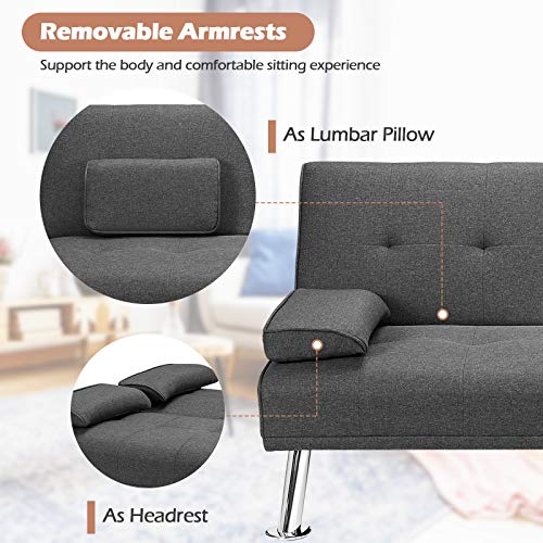 POWERSTONE Futon Sofa Bed Upholstered Modern Convertible Sofa Couch Sleeper with Removable Armrests Cup Holders Living Room Fabric Loveseat 66", Grey