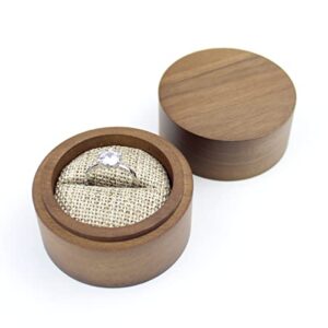 DSHOM Rustic Walnut Wooden Engagement Ring Box, Solid Wood Round Ring Box for Proposal Wedding Ring Storage