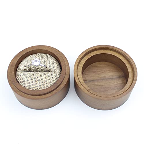 DSHOM Rustic Walnut Wooden Engagement Ring Box, Solid Wood Round Ring Box for Proposal Wedding Ring Storage