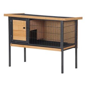 pawhut rabbit hutch elevated bunny cage small animal habitat with metal frame, no leak tray, mtetal wire pan and openable water-resistant asphalt roof for indoor/outdoor natural wood