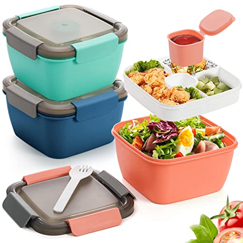 Youeon 3 Pack Salad Lunch Container To Go with 3 Compartment Tray, 52 Oz Bento Lunch Box with Spoon, Dressing Cup, Portable Salad Container for Lunch, Salad Toppings, Snacks, Fruit, Three Colors