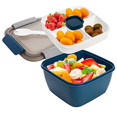 Youeon 3 Pack Salad Lunch Container To Go with 3 Compartment Tray, 52 Oz Bento Lunch Box with Spoon, Dressing Cup, Portable Salad Container for Lunch, Salad Toppings, Snacks, Fruit, Three Colors