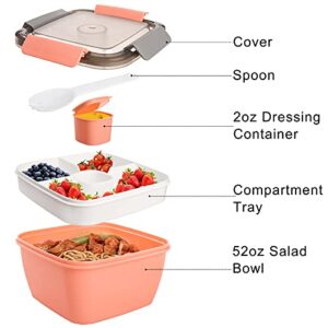 Youeon 3 Pack Salad Lunch Container To Go with 3 Compartment Tray, 52 Oz Bento Lunch Box with Spoon, Dressing Cup, Portable Salad Container for Lunch, Salad Toppings, Snacks, Fruit, Three Colors