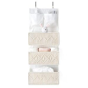 mkono macrame over the door organizer boho decor baby nursery storage with 3 large woven pockets wall mount hanging behind door for bathroom, bedroom, closet, dorm