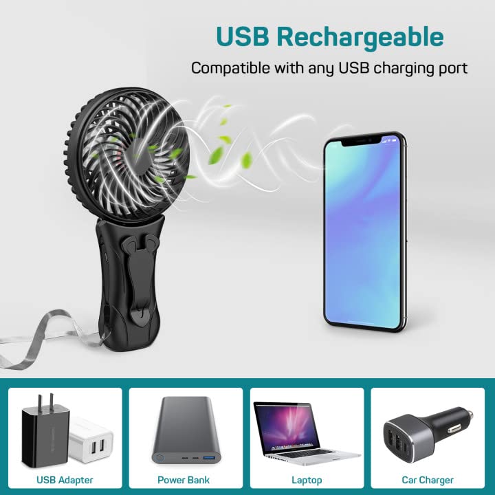 Dr. Prepare Mini Handheld Fan, Rechargeable Portable Fan 180° Foldable with 3 Speeds&Waist Clip, 16H Working Time, 4400mAh Battery Personal Electric Fan for Travel Office, Small Desk Fan