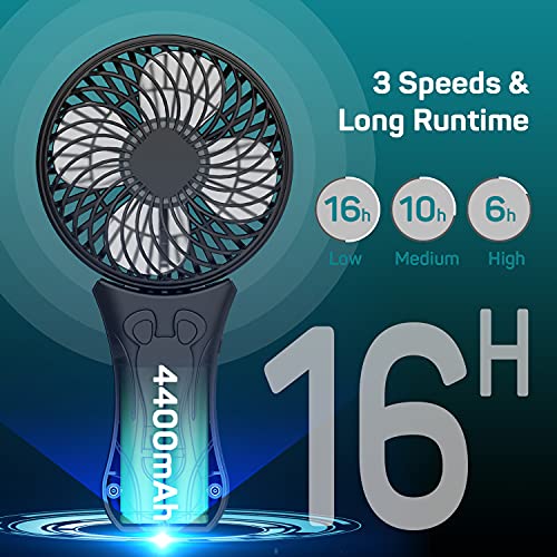 Dr. Prepare Mini Handheld Fan, Rechargeable Portable Fan 180° Foldable with 3 Speeds&Waist Clip, 16H Working Time, 4400mAh Battery Personal Electric Fan for Travel Office, Small Desk Fan