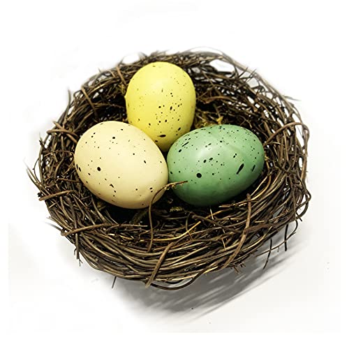 IXIGER Artificial Bird Nest, Bird Nest with Artificial Bird Eggs, Country Style Simulation Twig Bird Nest for Handmade Easter Rattan Nest Creative Decoration for Home Garden(3.15inches)