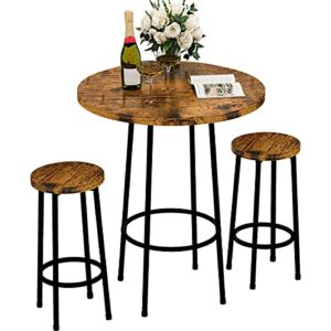 recaceik 3 piece pub dining set, modern round bar table and stools for 2 kitchen counter height wood top bistro easy assemble for breakfast nook living room small space restaurant, rustic brown 23