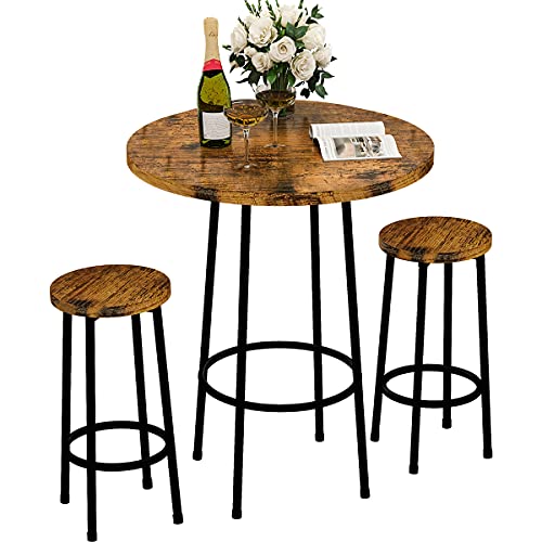 Recaceik 3 Piece Pub Dining Set, Modern Round bar Table and Stools for 2 Kitchen Counter Height Wood Top Bistro Easy Assemble for Breakfast Nook Living Room Small Space Restaurant, Rustic Brown 23