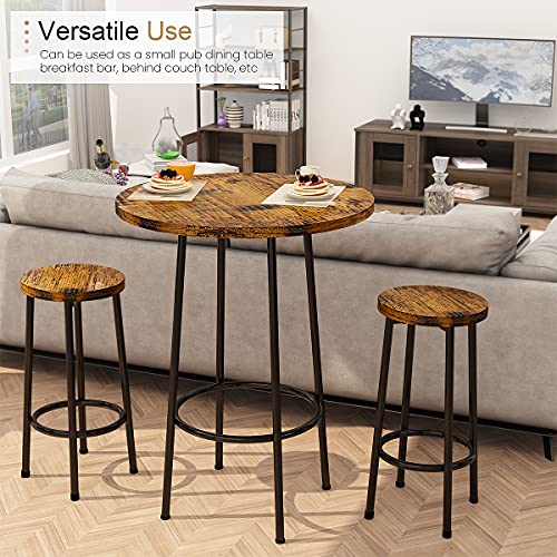 Recaceik 3 Piece Pub Dining Set, Modern Round bar Table and Stools for 2 Kitchen Counter Height Wood Top Bistro Easy Assemble for Breakfast Nook Living Room Small Space Restaurant, Rustic Brown 23