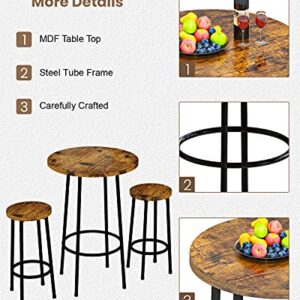 Recaceik 3 Piece Pub Dining Set, Modern Round bar Table and Stools for 2 Kitchen Counter Height Wood Top Bistro Easy Assemble for Breakfast Nook Living Room Small Space Restaurant, Rustic Brown 23