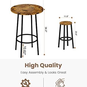 Recaceik 3 Piece Pub Dining Set, Modern Round bar Table and Stools for 2 Kitchen Counter Height Wood Top Bistro Easy Assemble for Breakfast Nook Living Room Small Space Restaurant, Rustic Brown 23