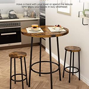 Recaceik 3 Piece Pub Dining Set, Modern Round bar Table and Stools for 2 Kitchen Counter Height Wood Top Bistro Easy Assemble for Breakfast Nook Living Room Small Space Restaurant, Rustic Brown 23