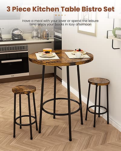 Recaceik 3 Piece Pub Dining Set, Modern Round bar Table and Stools for 2 Kitchen Counter Height Wood Top Bistro Easy Assemble for Breakfast Nook Living Room Small Space Restaurant, Rustic Brown 23