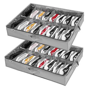 inaya under bed shoe storage organizer set of 2, fits 32 pairs, underbed shoe box storage containers adjustable dividers w/bottom support velcro, clear foldable shoes storage w/reinforced handles