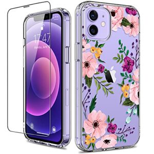 giika for iphone 12 mini case with screen protector, clear full body shockproof protective floral girls women hard case with tpu bumper cover phone case for iphone 12 mini, small flowers