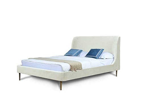 Manhattan Comfort Heather Mid Century Modern Bed Frame with Velvet Upholstered Headboard and Footboard, Queen, Cream