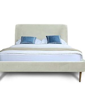 Manhattan Comfort Heather Mid Century Modern Bed Frame with Velvet Upholstered Headboard and Footboard, Queen, Cream