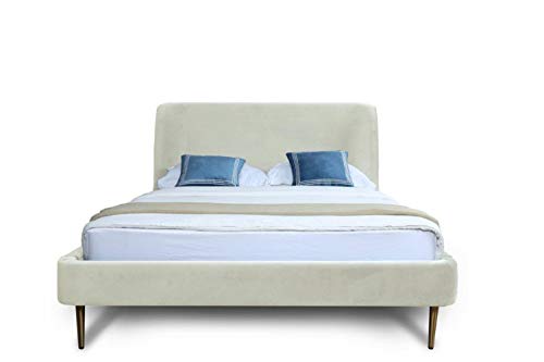 Manhattan Comfort Heather Mid Century Modern Bed Frame with Velvet Upholstered Headboard and Footboard, Queen, Cream