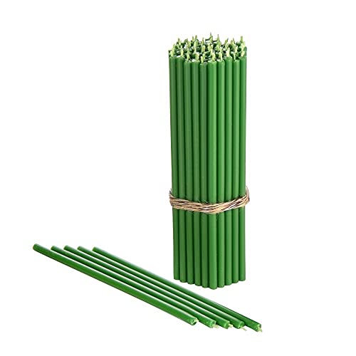 Danilovo Pure Beeswax Candles - No-Drip, Smoke-Less, Tall, Thin Taper Candles – Decorative Candles for Church Prayer, Decor or Birthday Candles – Honey Scented Candles – 6.4”x0.22” (Green, 50pcs)