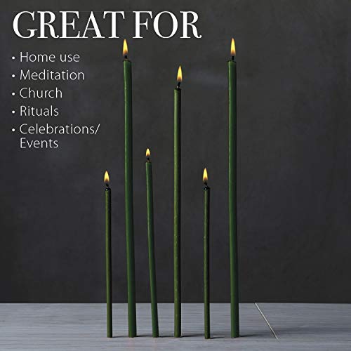 Danilovo Pure Beeswax Candles - No-Drip, Smoke-Less, Tall, Thin Taper Candles – Decorative Candles for Church Prayer, Decor or Birthday Candles – Honey Scented Candles – 6.4”x0.22” (Green, 50pcs)