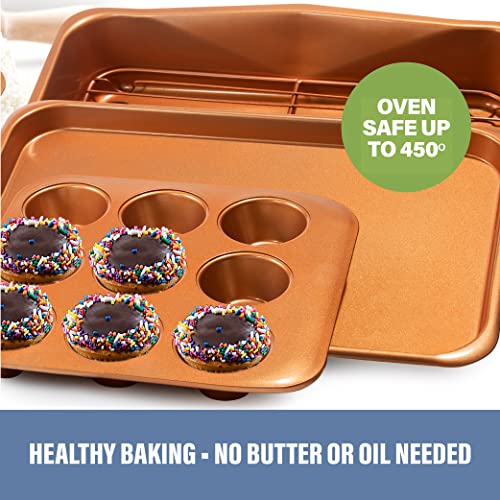 6 Piece Non-Stick Bakeware Set Includes Baking Pans, Cookie Sheet, Loaf Pan, Muffin Tin and more with Premier Ti-Cerama Copper Coating 100% PFOA Free,Graphite