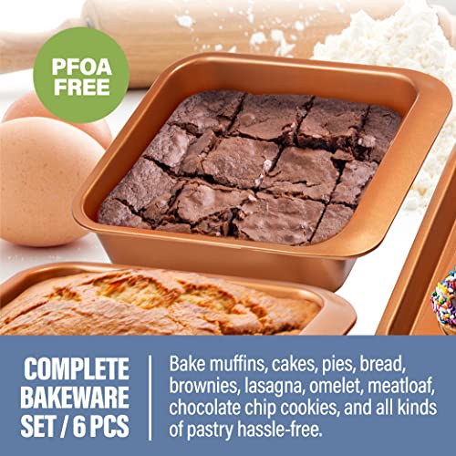 6 Piece Non-Stick Bakeware Set Includes Baking Pans, Cookie Sheet, Loaf Pan, Muffin Tin and more with Premier Ti-Cerama Copper Coating 100% PFOA Free,Graphite