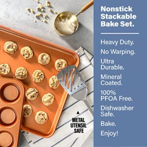 6 Piece Non-Stick Bakeware Set Includes Baking Pans, Cookie Sheet, Loaf Pan, Muffin Tin and more with Premier Ti-Cerama Copper Coating 100% PFOA Free,Graphite