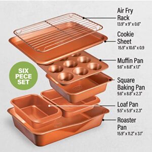 6 Piece Non-Stick Bakeware Set Includes Baking Pans, Cookie Sheet, Loaf Pan, Muffin Tin and more with Premier Ti-Cerama Copper Coating 100% PFOA Free,Graphite