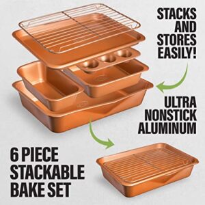 6 Piece Non-Stick Bakeware Set Includes Baking Pans, Cookie Sheet, Loaf Pan, Muffin Tin and more with Premier Ti-Cerama Copper Coating 100% PFOA Free,Graphite