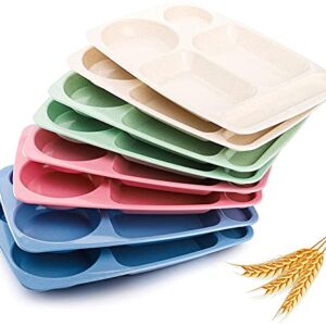 WUWEOT 8 Pack Divided Food Plates, 13.5" Wheat Straw Tray, 5-Compartment Unbreakable Fast Food Tray, Microwave Dishwasher Safe, BPA Free, Lightweight