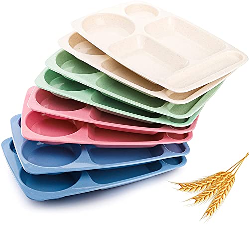 WUWEOT 8 Pack Divided Food Plates, 13.5" Wheat Straw Tray, 5-Compartment Unbreakable Fast Food Tray, Microwave Dishwasher Safe, BPA Free, Lightweight