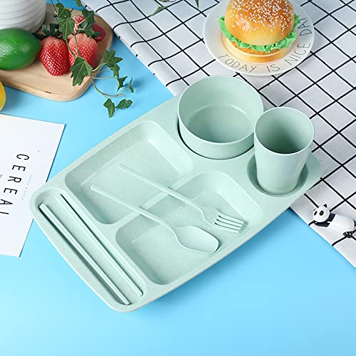 WUWEOT 8 Pack Divided Food Plates, 13.5" Wheat Straw Tray, 5-Compartment Unbreakable Fast Food Tray, Microwave Dishwasher Safe, BPA Free, Lightweight