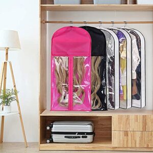 Jitony 4 PCS Wig Storage Bags with Hangers, Portable Wig Storage Bags, Wig Piece Storage Bags, Store Wigs Prevent Dust and Moisture, Black and Rose red, 8 Piece Set