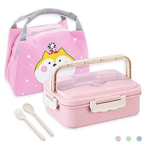 sitake bento box and lunch box for kids, come with lunch bag, spoon and fork, microwaveable wheat straw lunch containers, japanese-style 33.8oz/1000ml lunchbox for adults (pink)