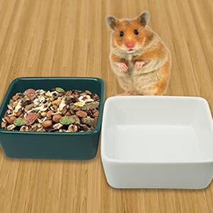 KUAO 2-Piece Set Hamster Feeding Bowl Square Ceramic White and Green Small Animal Dishes Food and Water Bowl with a Bamboo Shelf for Hamsters Guinea Pig Gerbil Hedgehog Rabbit and Little Cat