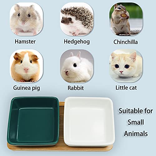 KUAO 2-Piece Set Hamster Feeding Bowl Square Ceramic White and Green Small Animal Dishes Food and Water Bowl with a Bamboo Shelf for Hamsters Guinea Pig Gerbil Hedgehog Rabbit and Little Cat