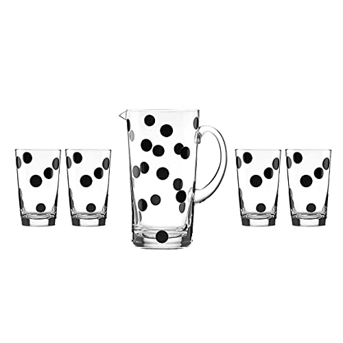 Kate Spade New York Deco Dot Polka Dot Pitcher Bundle with Glass Pitcher & Four Matching All-Purpose Drinking Glasses for Lemonade, Iced Tea, Sangria, Water, and More