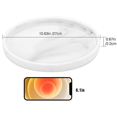 Luxspire Round Tray, Resin Bathroom Vanity Tray 11 inch Kitchen Sink Storage Tray, Tray Countertop Organizer for Coffee Perfume Soap Tray Towel Dresser Jewelry Cosmetic Dish, Marble White