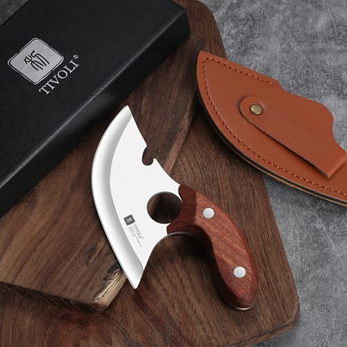 TIVOLI Ulu Small Meat Knife 5-inch Handmade Alaskan Rocker Knife With Sheath Full Tang Kitchen Utility Knife Portable Outdoor Camping Knife with Bottle Opener for BBQ Fishing Hiking