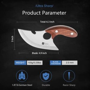 TIVOLI Ulu Small Meat Knife 5-inch Handmade Alaskan Rocker Knife With Sheath Full Tang Kitchen Utility Knife Portable Outdoor Camping Knife with Bottle Opener for BBQ Fishing Hiking